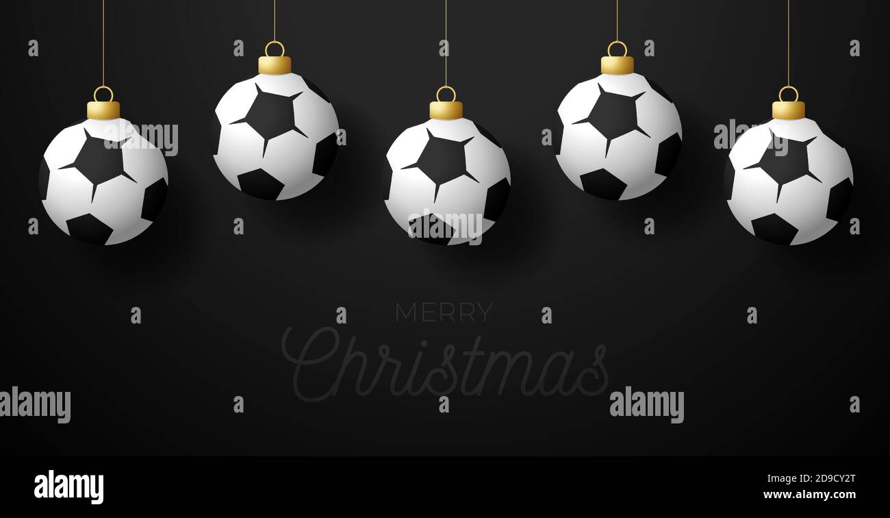 Merry Christmas Football greeting card. Hang on a thread Soccer ball as ...