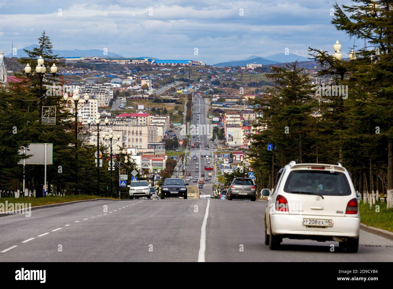 Motor road in the center of Magadan. The northern city of Russia ...