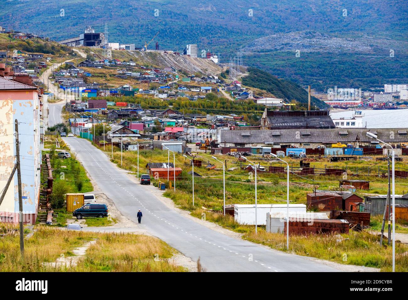 Motor road in the center of Magadan. The northern city of Russia ...