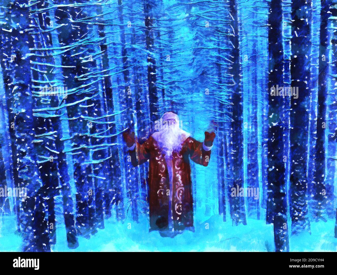 Santa Claus on the background of snowy trees. Beautiful winter ...