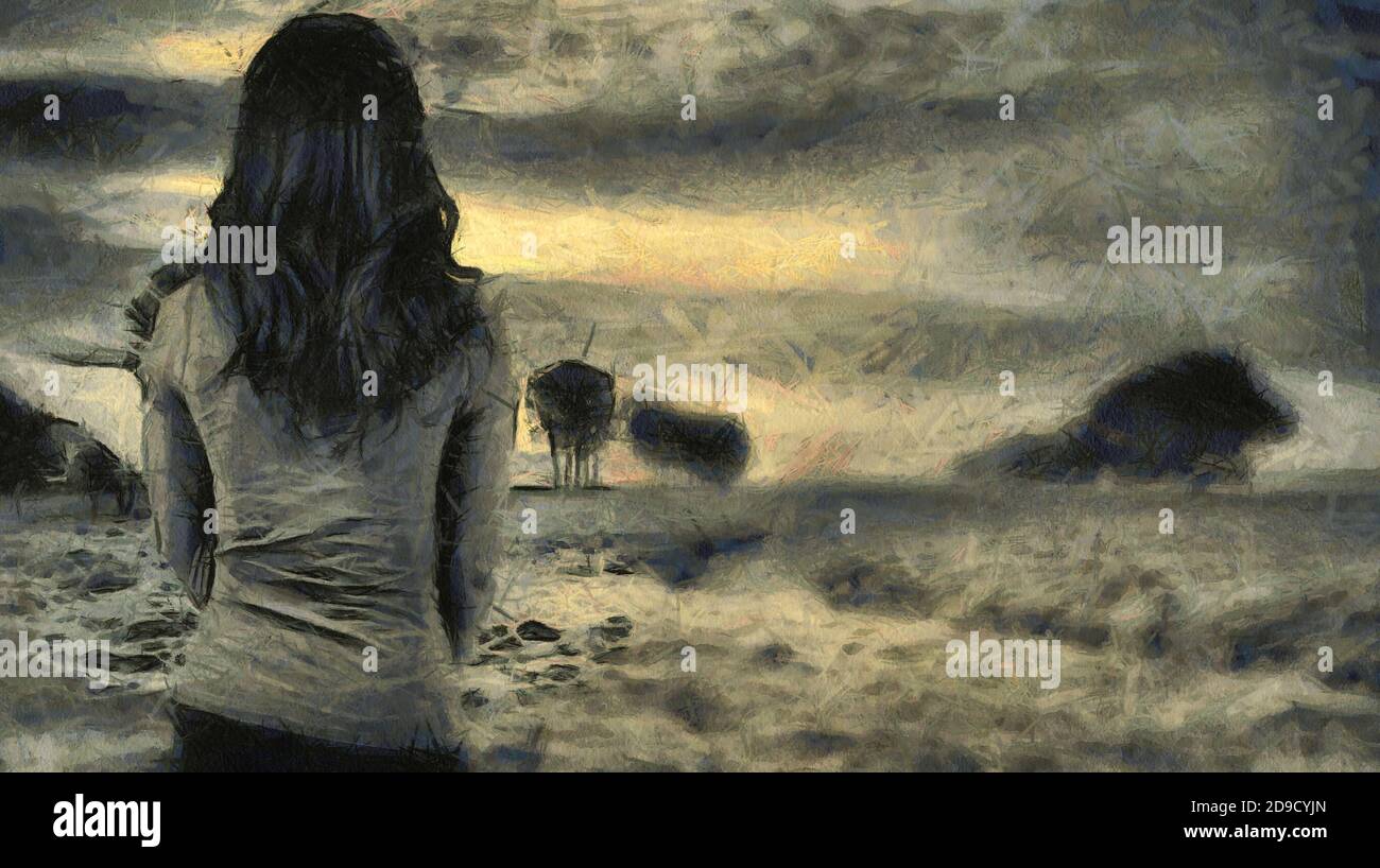 Girl on the background of the landscape. Evening sunset. Pencil drawing ...