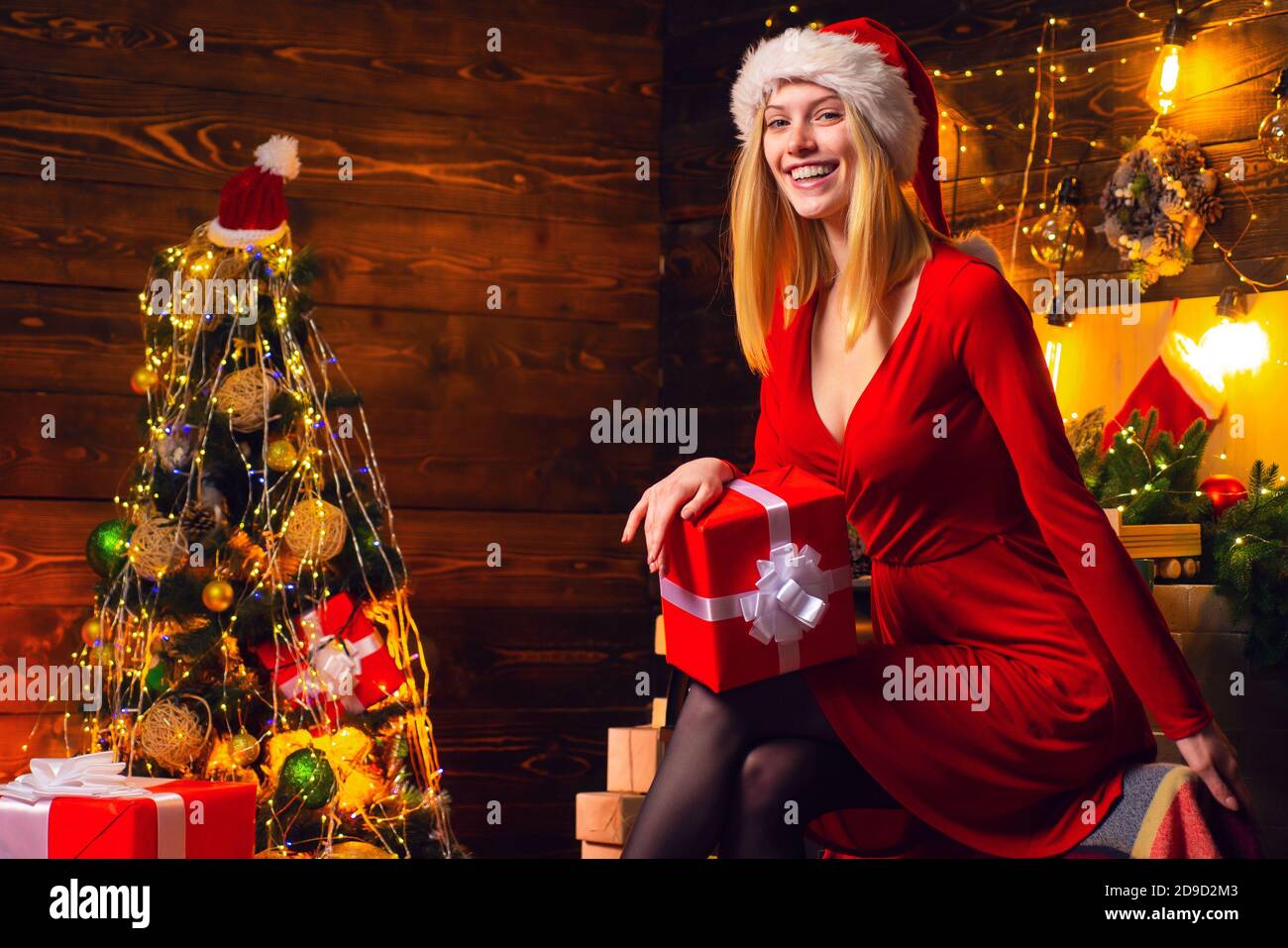 Celebrate christmas. Cheerful lady in dress corporate christmas party ...