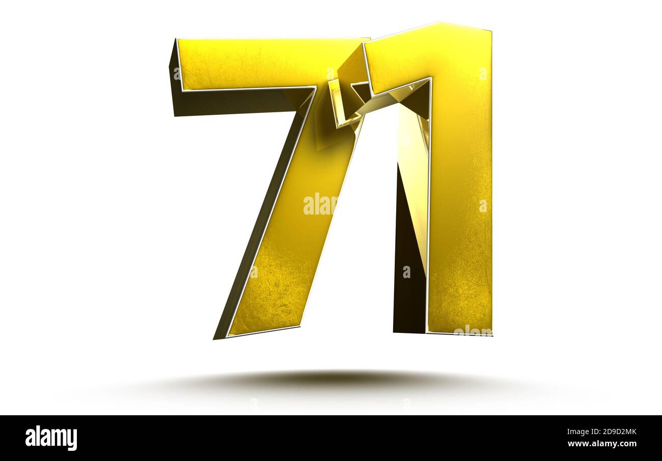 Gold numbers 71 isolated on white background illustration 3D rendering ...