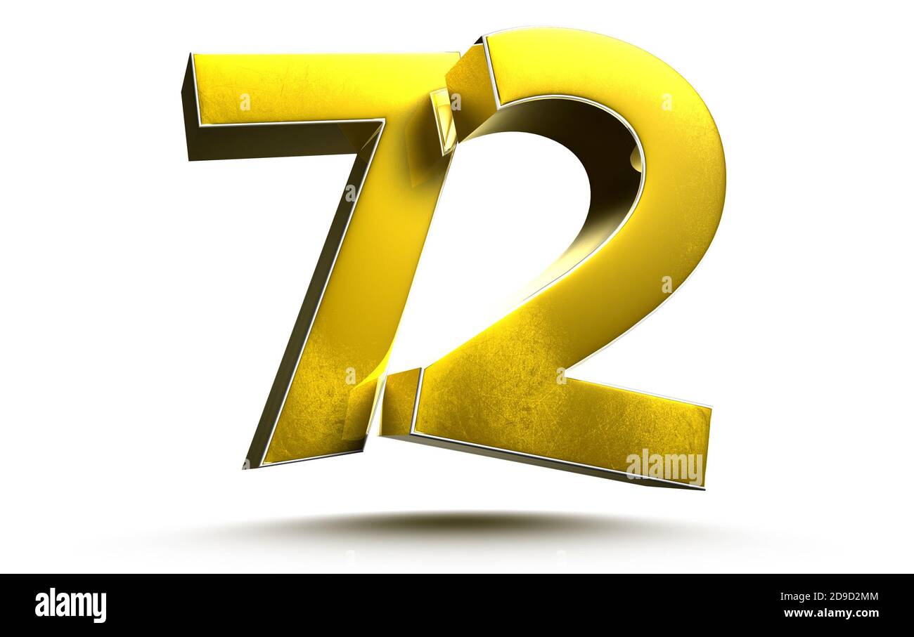 Gold numbers 72 isolated on white background illustration 3D rendering ...
