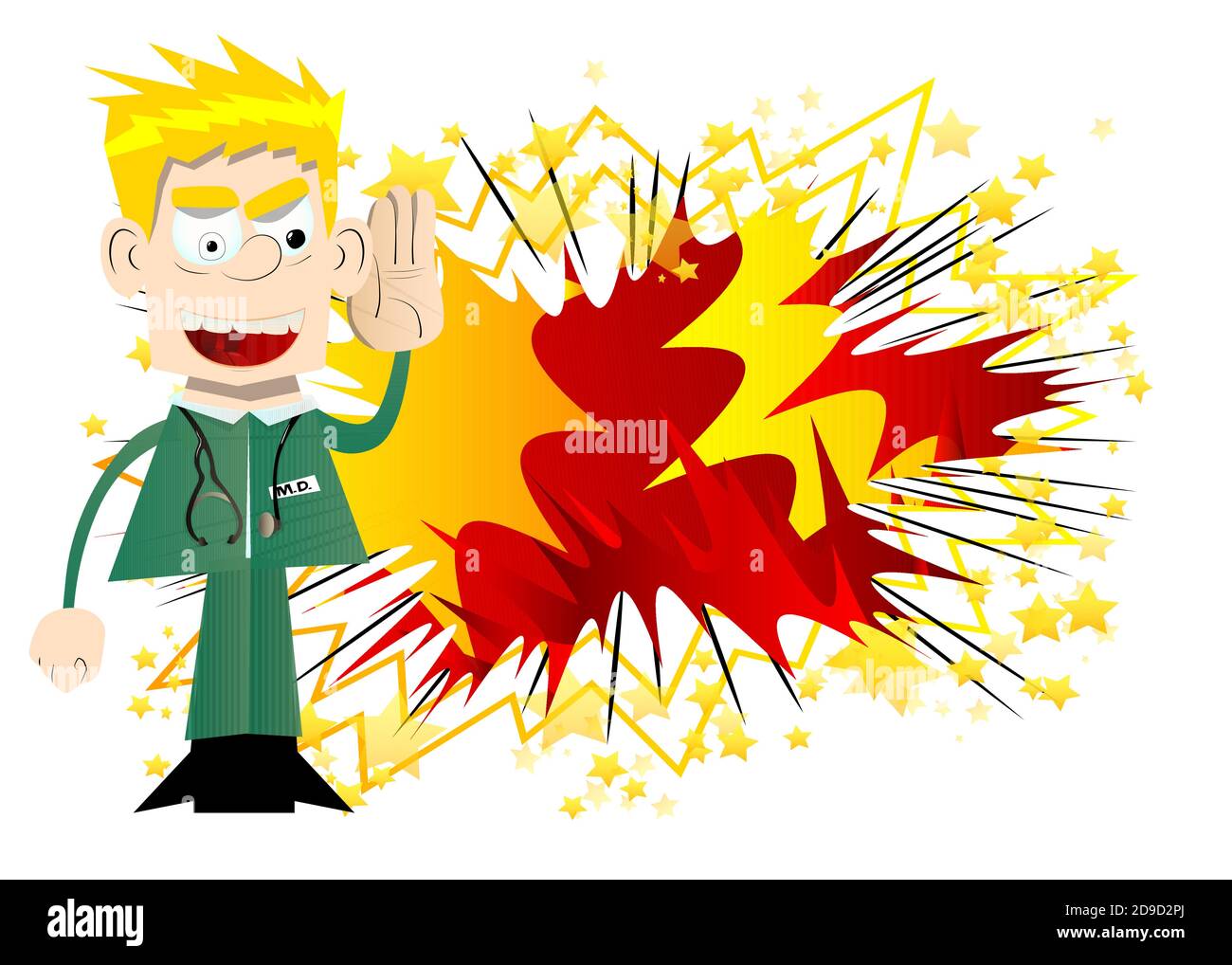 Funny cartoon doctor holds hand at his ear, listening. Vector ...