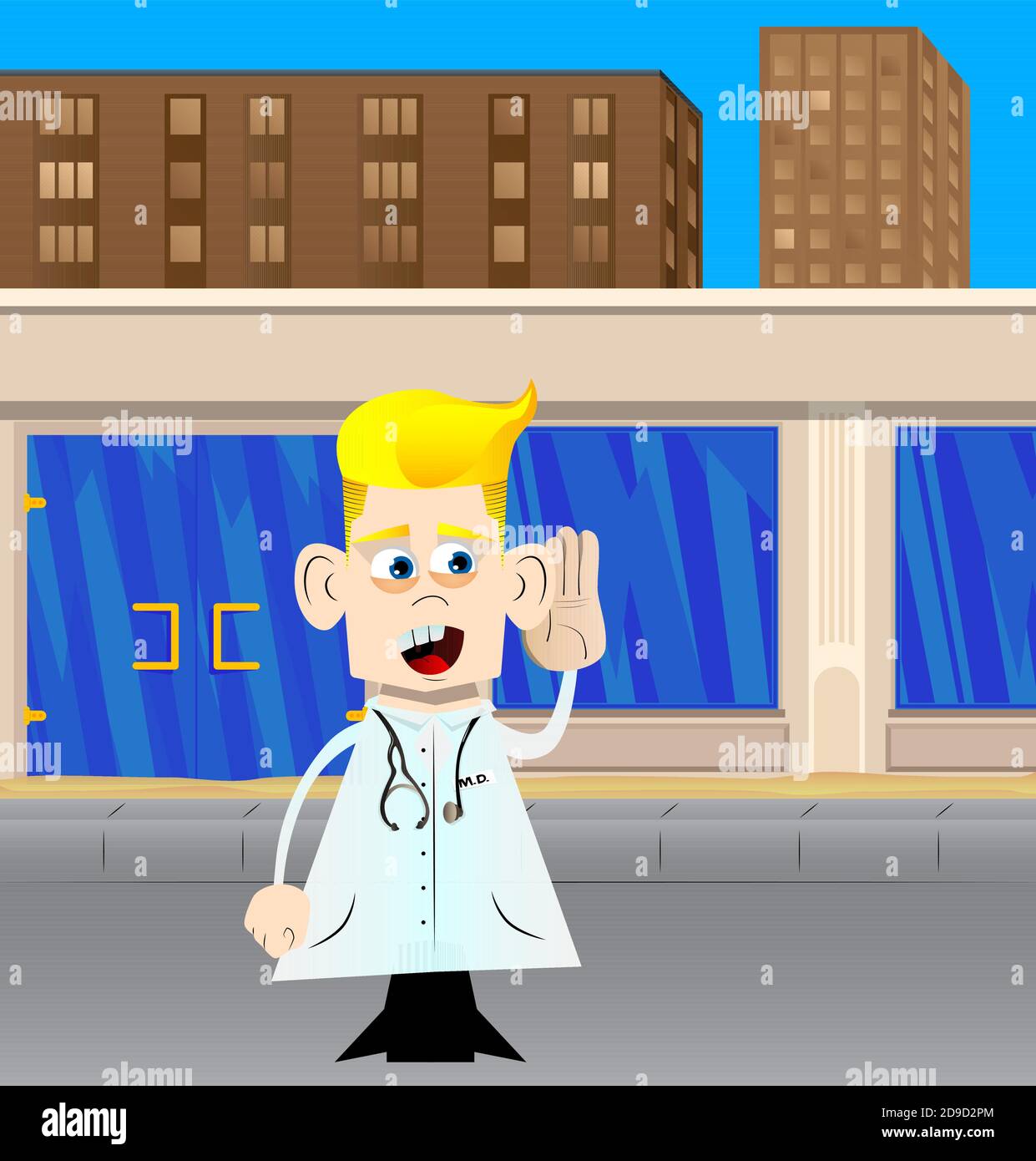 Funny cartoon doctor holds hand at his ear, listening. Vector ...