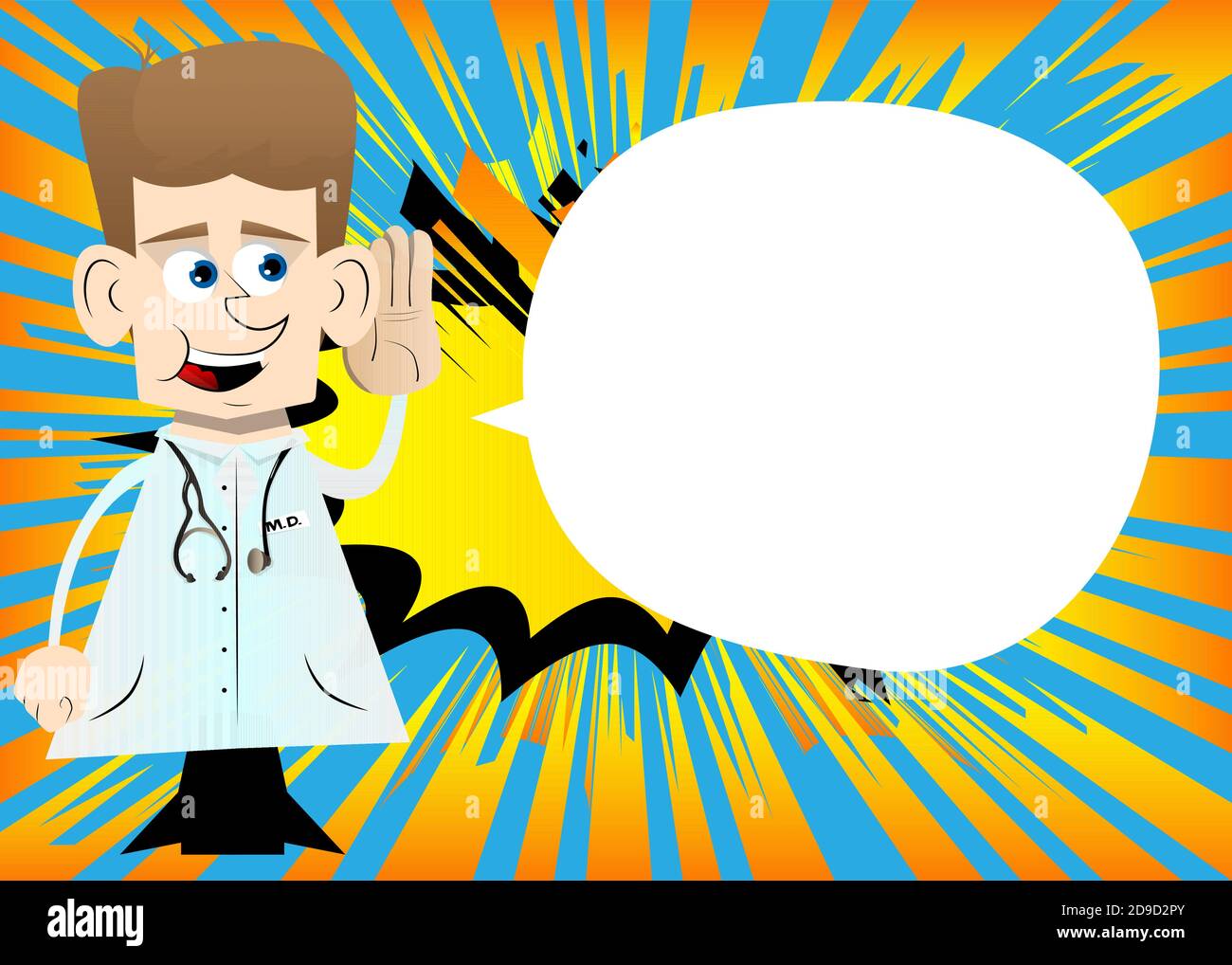 Funny cartoon doctor holds hand at his ear, listening. Vector ...