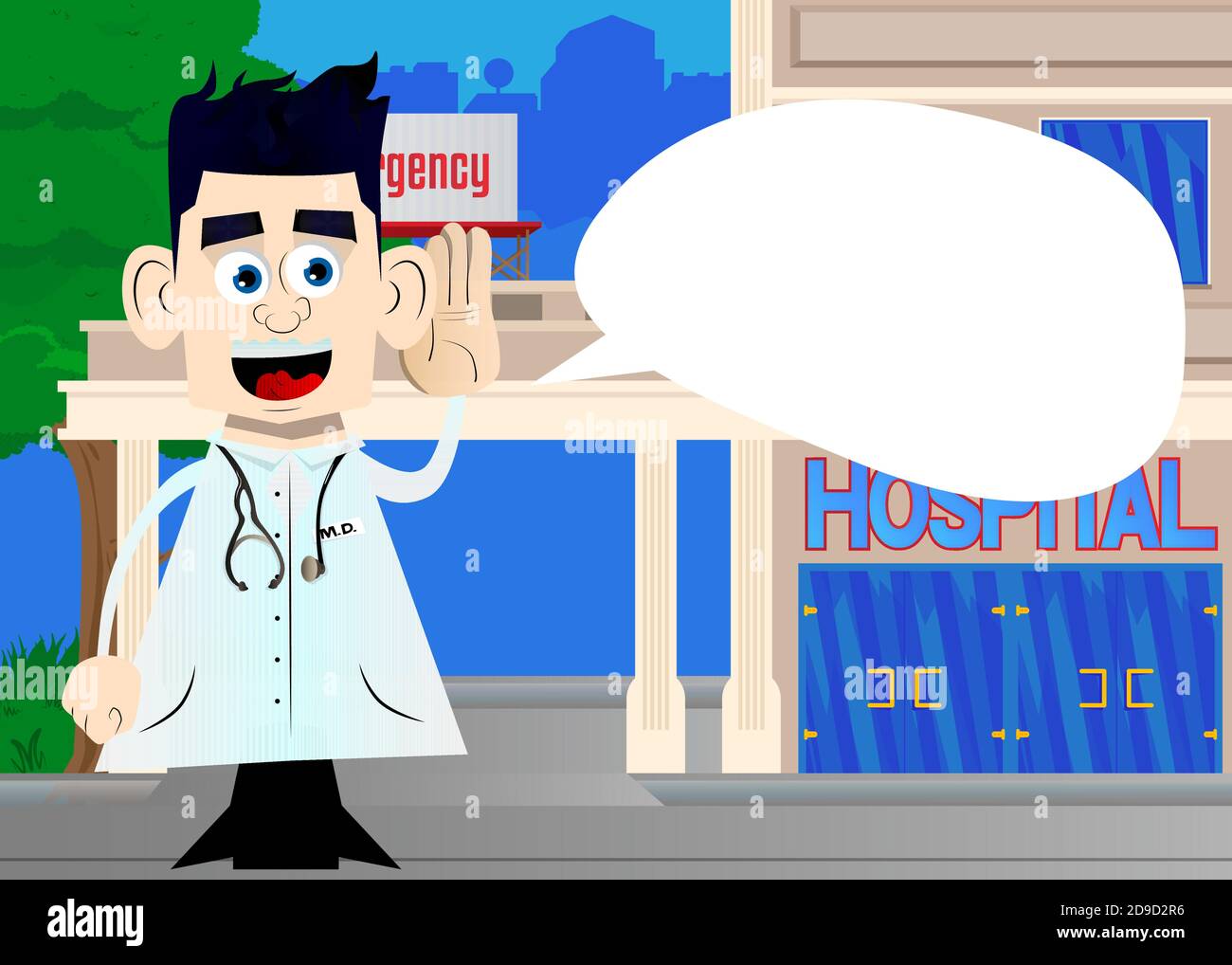 Funny cartoon doctor holds hand at his ear, listening. Vector ...