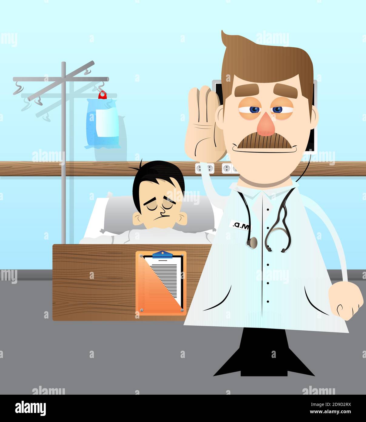 Funny cartoon doctor holds hand at his ear, listening. Vector ...