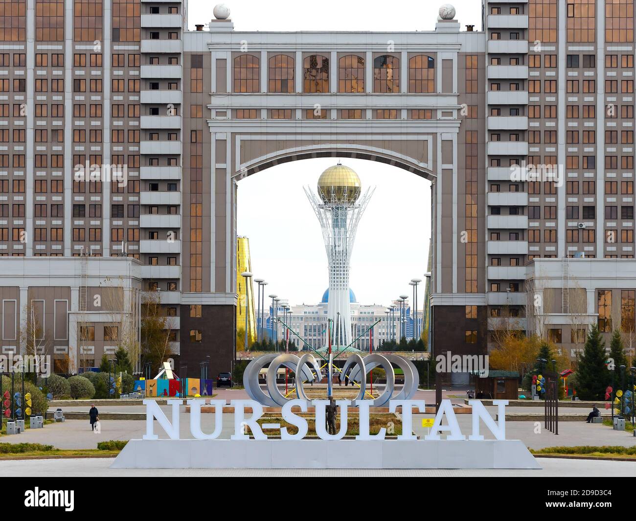 Nur Sultan sign in front of the modern Baiterek Tower at Nur-Sultan ...
