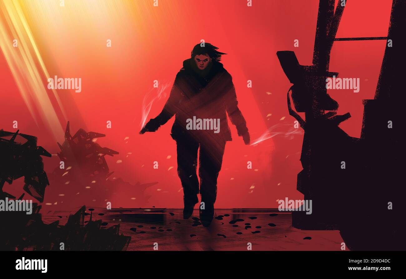 Digital illustration painting design style a man with his gun walking ...