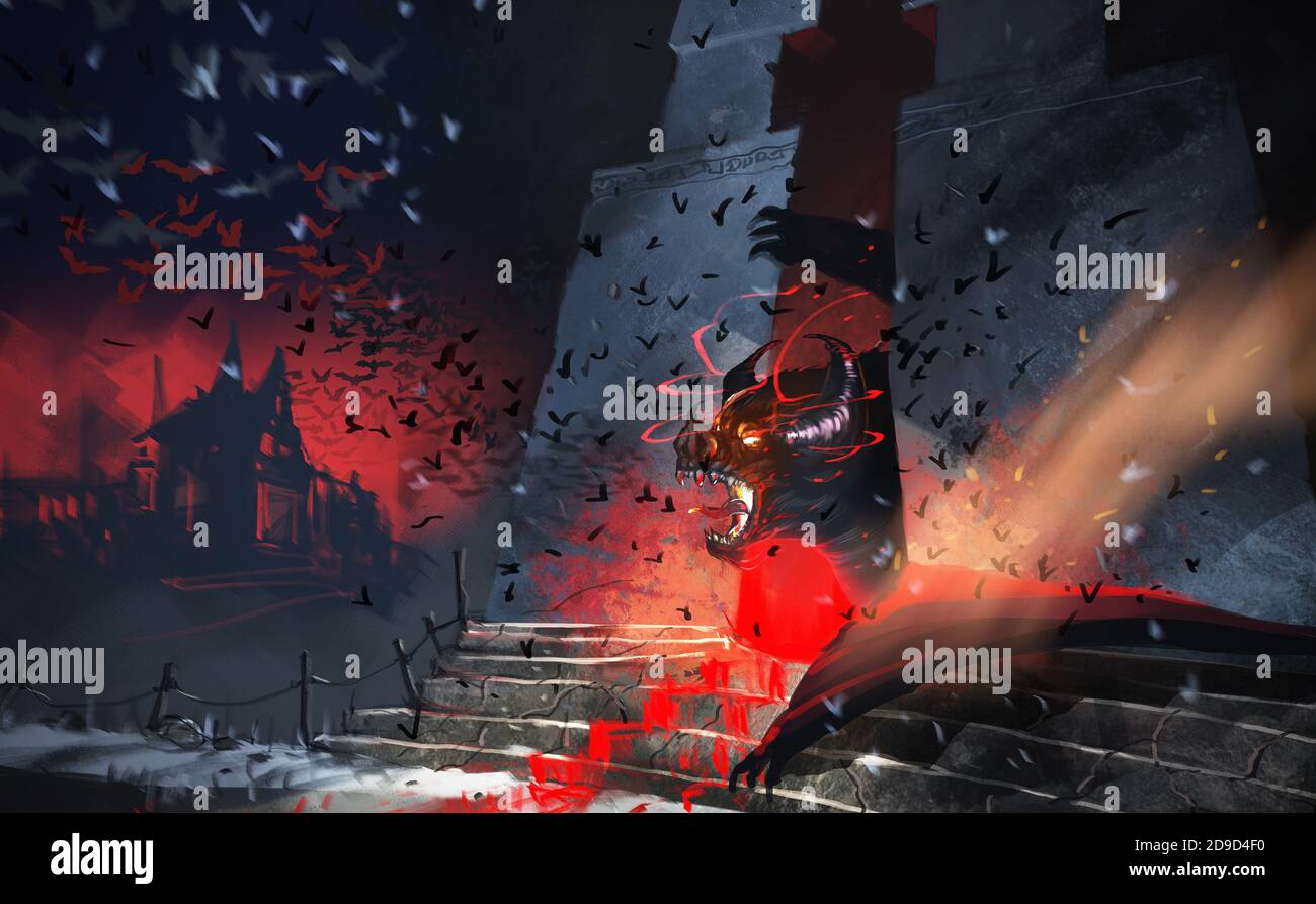Digital illustration painting design style giant bat devil is in the ...