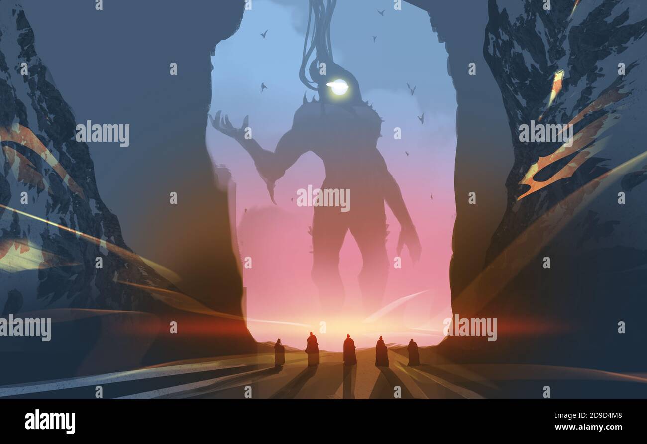 Digital art painting design style priests standing in front of the hell ...