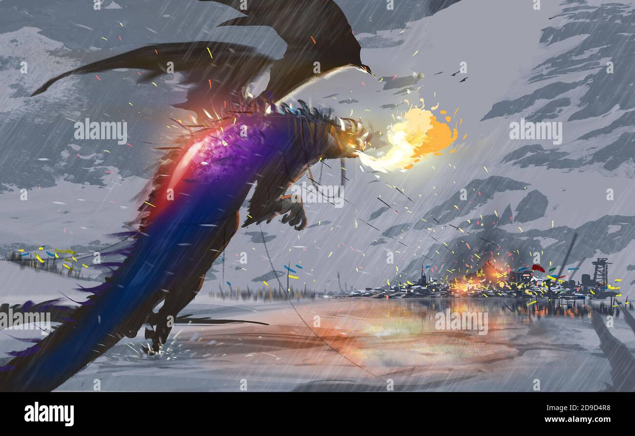 Digital illustration painting design style a huge dragon flying over ...