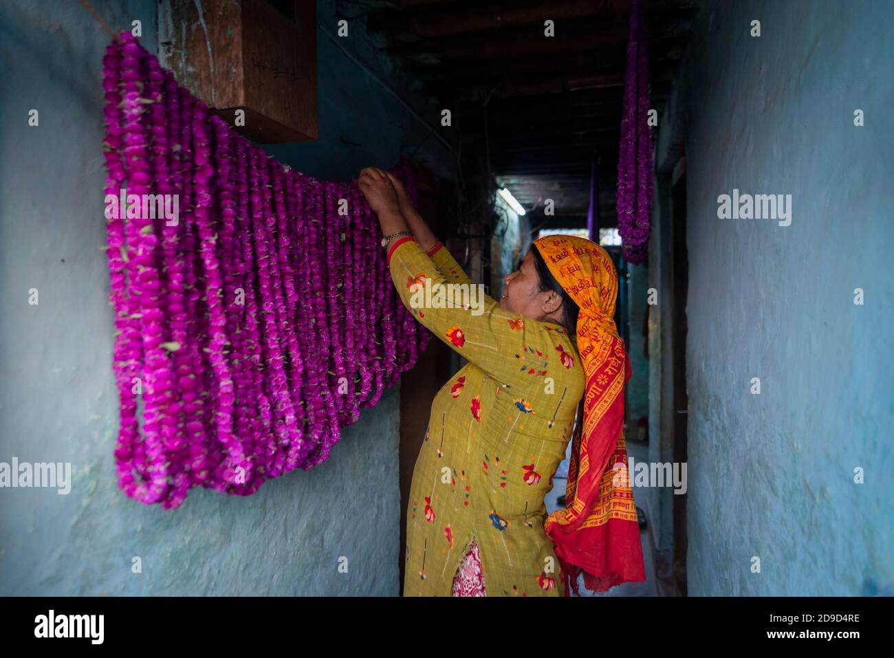 Bhaktapur, Nepal. 04th Nov, 2020. A woman arranges garlands made of ...