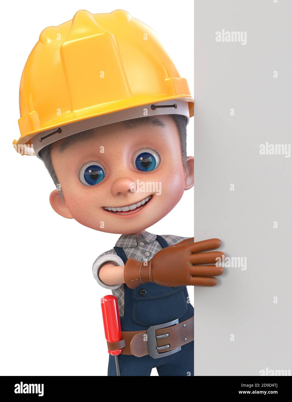 3D illustration small worker in overalls with a screwdriver and a ...