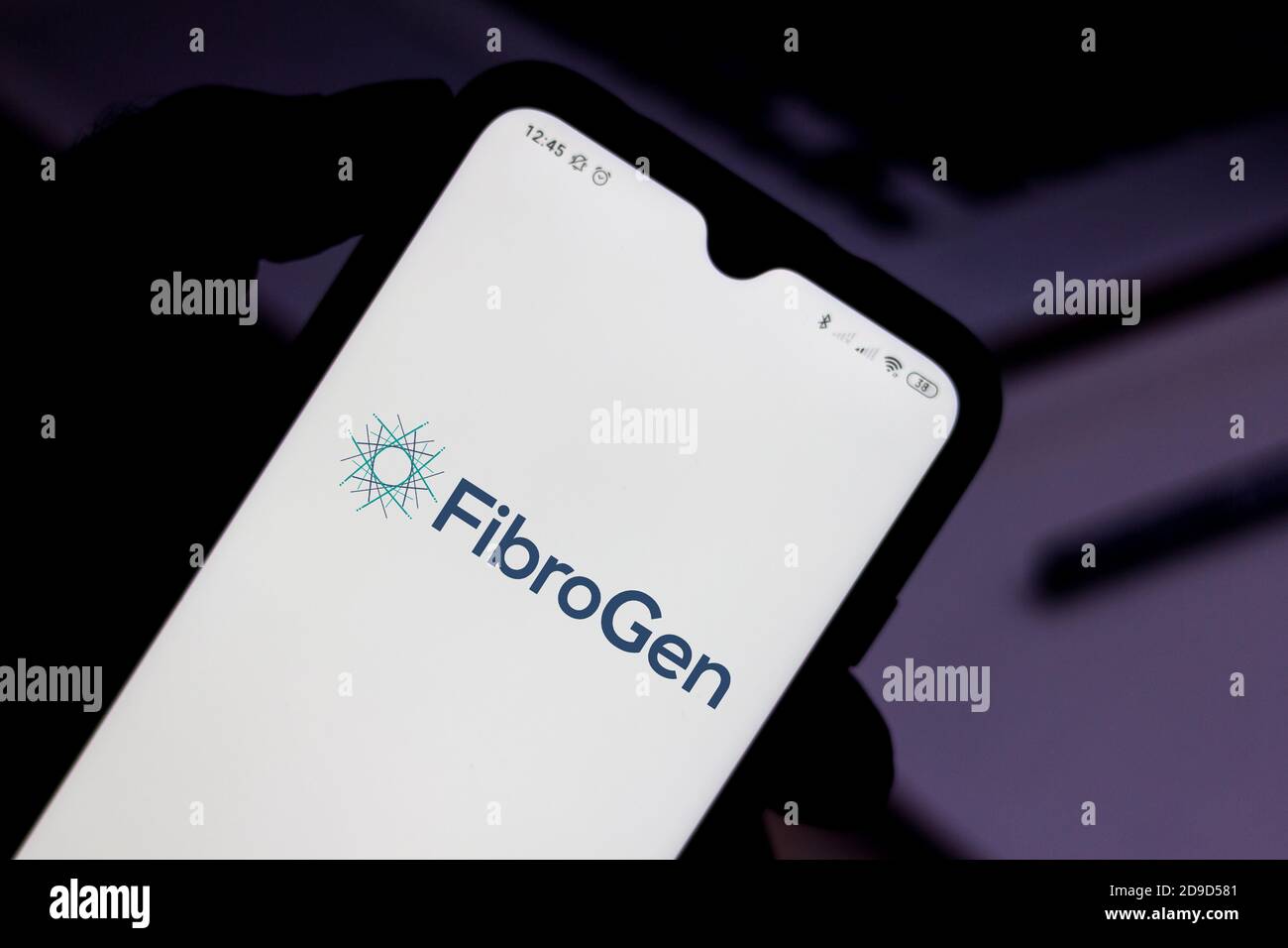 In this photo illustration the FibroGen logo seen displayed on a ...