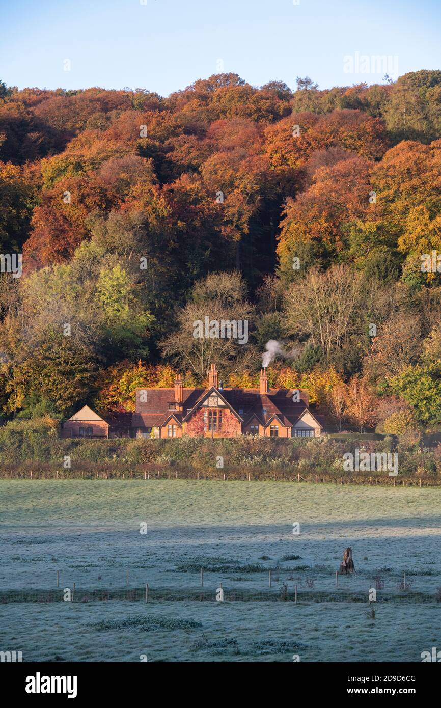 Hambleden village house in the early morning autumn light. Hambleden ...