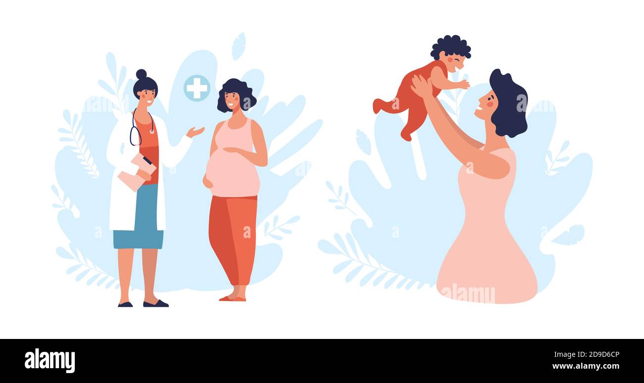 A set of illustrations about pregnancy and motherhood. Pregnant woman ...