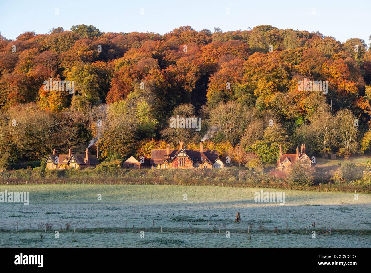 Hambleden village houses in the early morning autumn light. Hambleden ...