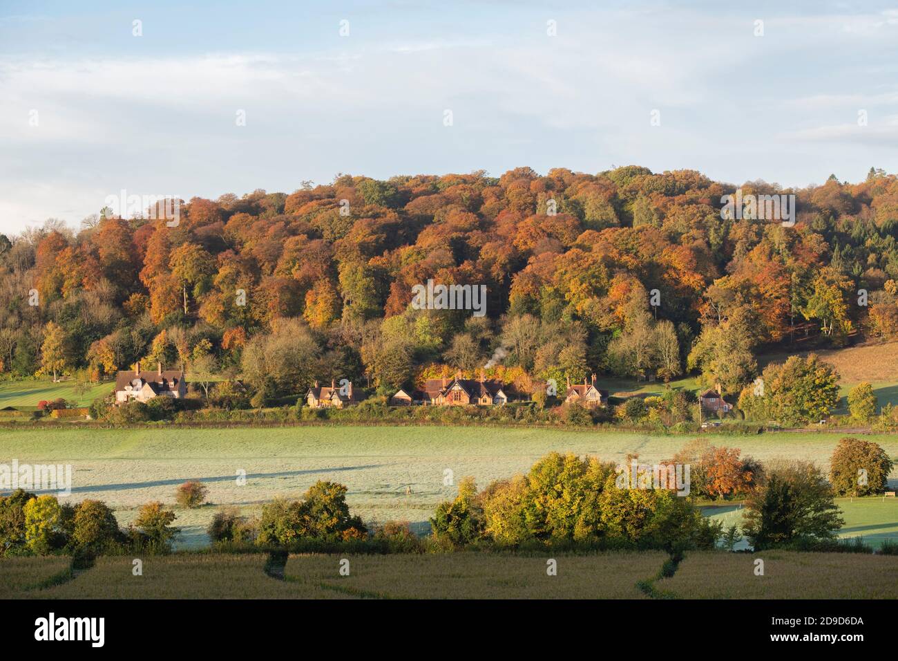 Hambleden village houses in the early morning autumn light. Hambleden ...