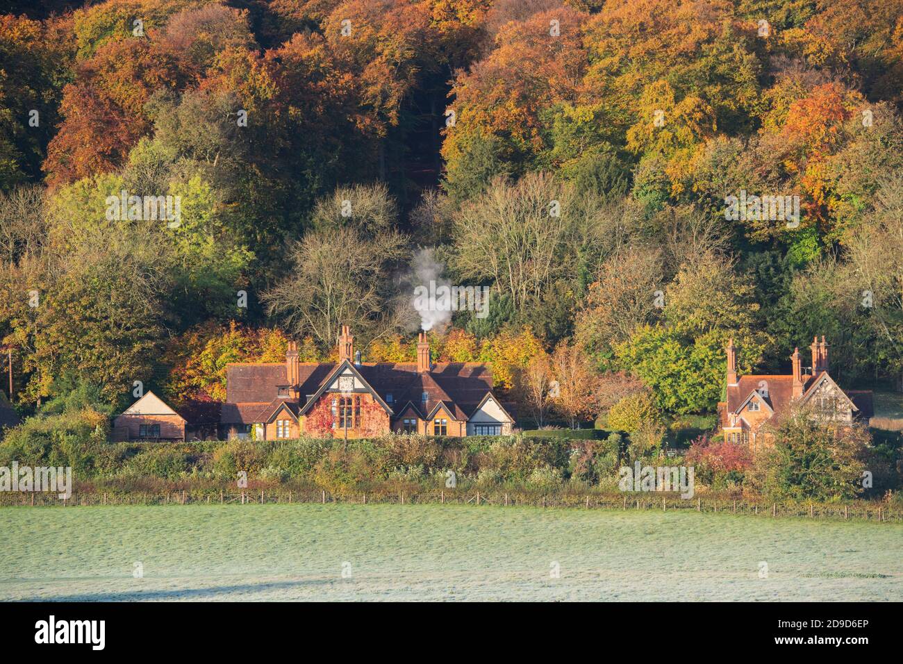 Hambleden village houses in the early morning autumn light. Hambleden ...