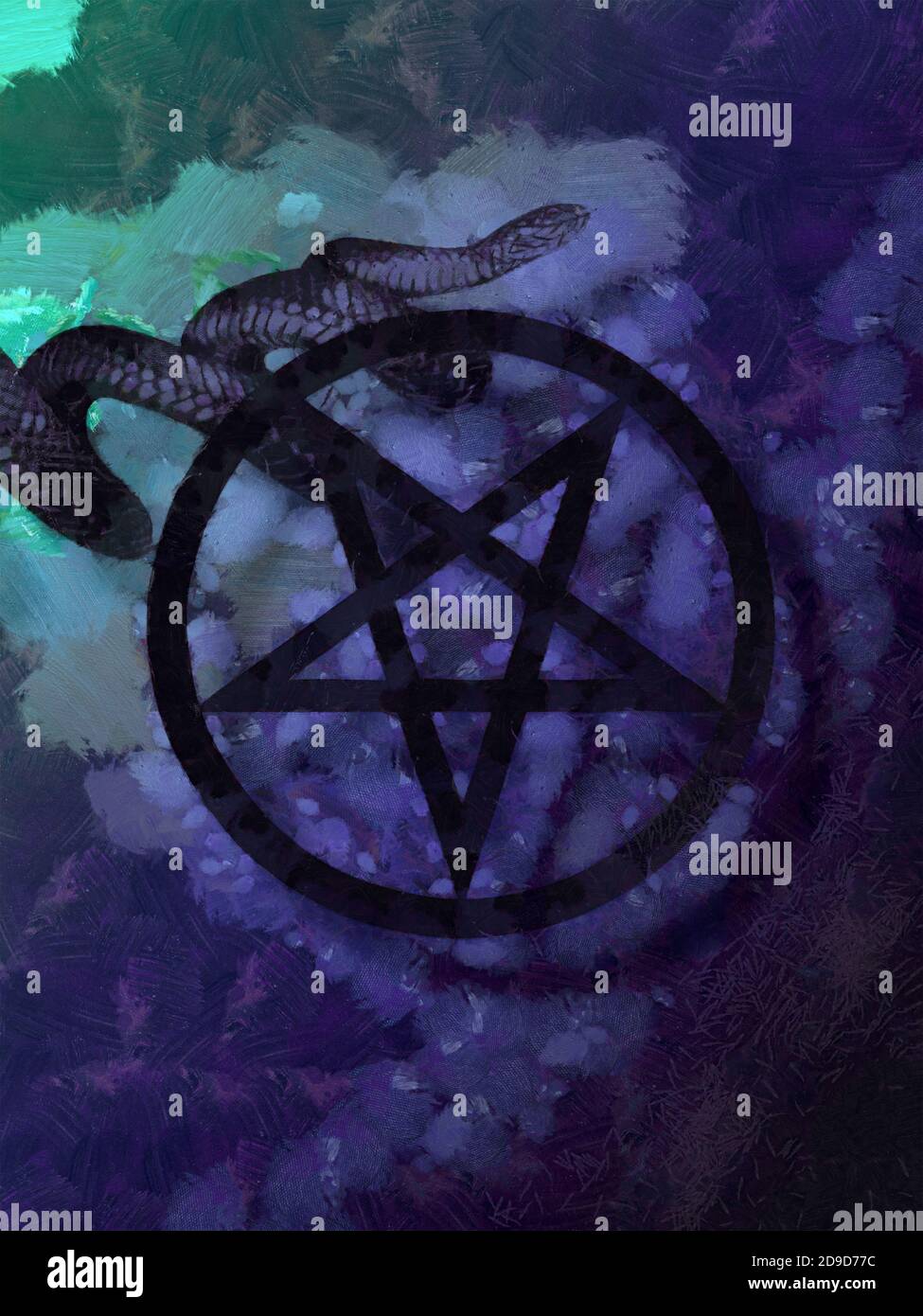 Inverted pentagram and Serpent on an abstract background. Artistic work ...