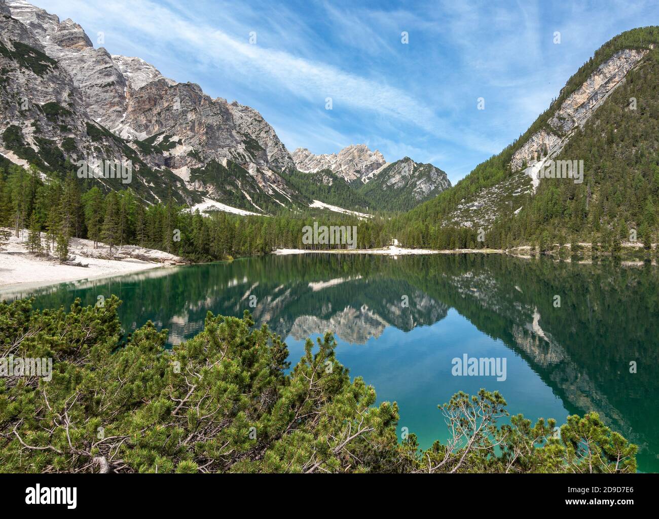 panoramic view of iconic Pragser Wildsee (Lago di Braies) in Dolomites ...