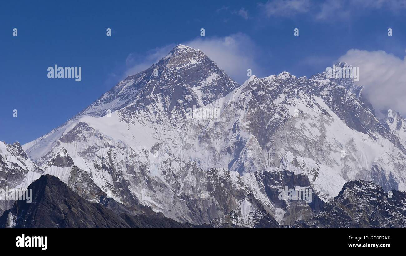 Panorama view of majestic Mount Everest (summit 8,848 m) with adjacent ...