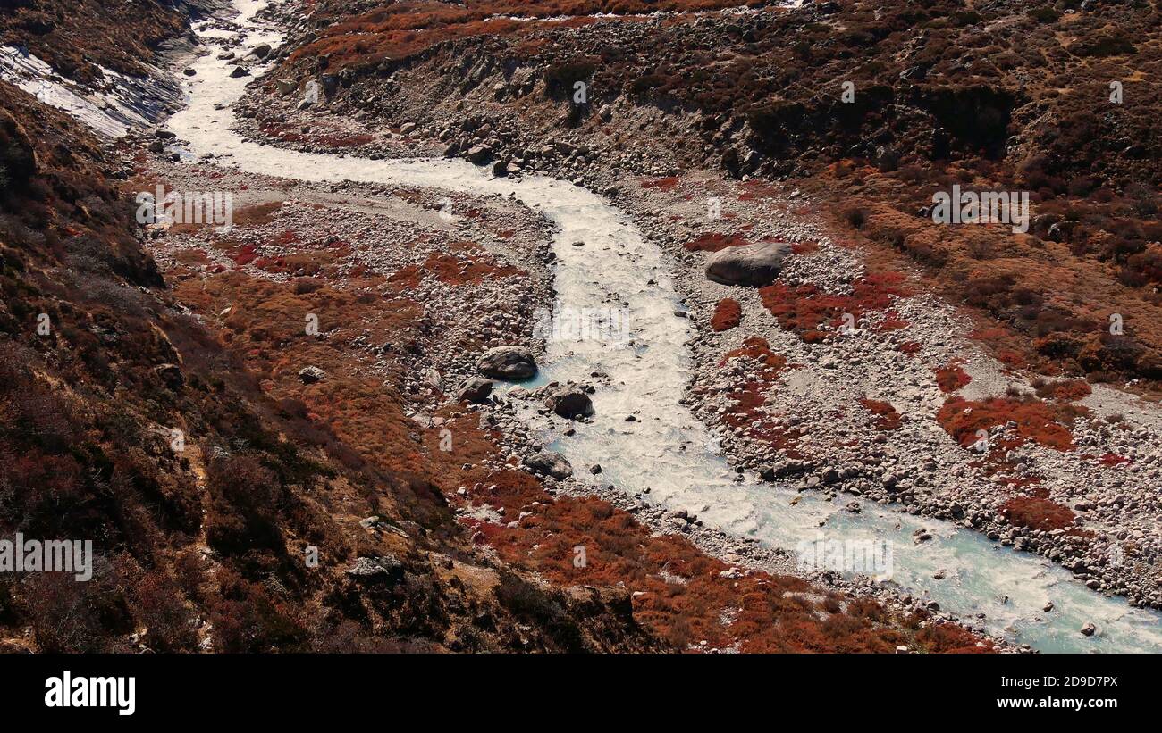 Aerial view of upper Dudhkoshi (Dudh Koshi) valley with the twisted icy ...