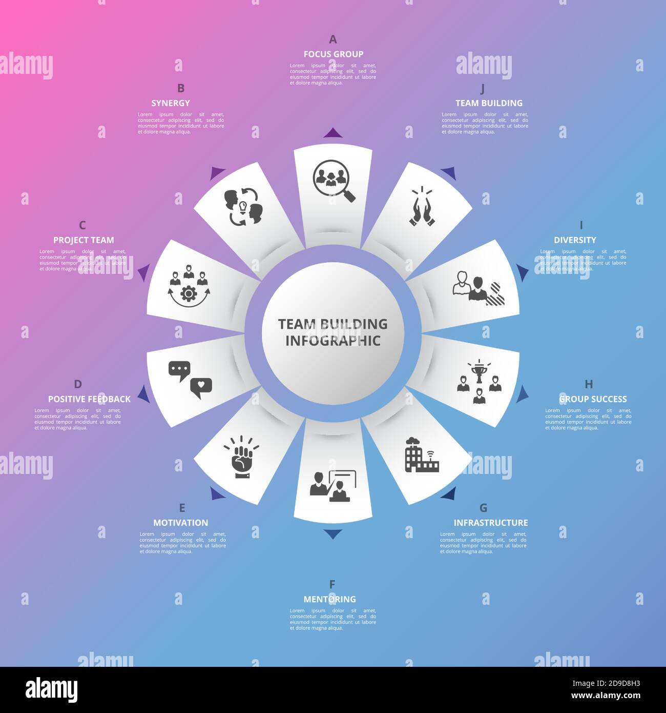 Infographic Team Building template. Icons in different colors. Include ...