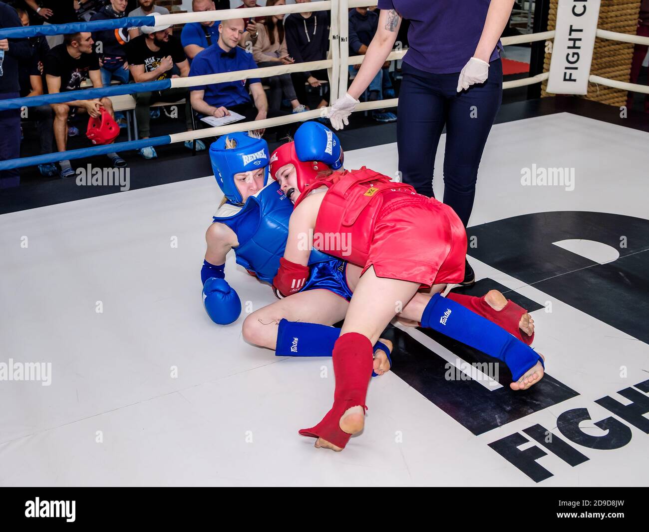 Moscow. Russia. September 13, 2020. Two girls in boxing uniforms fight ...