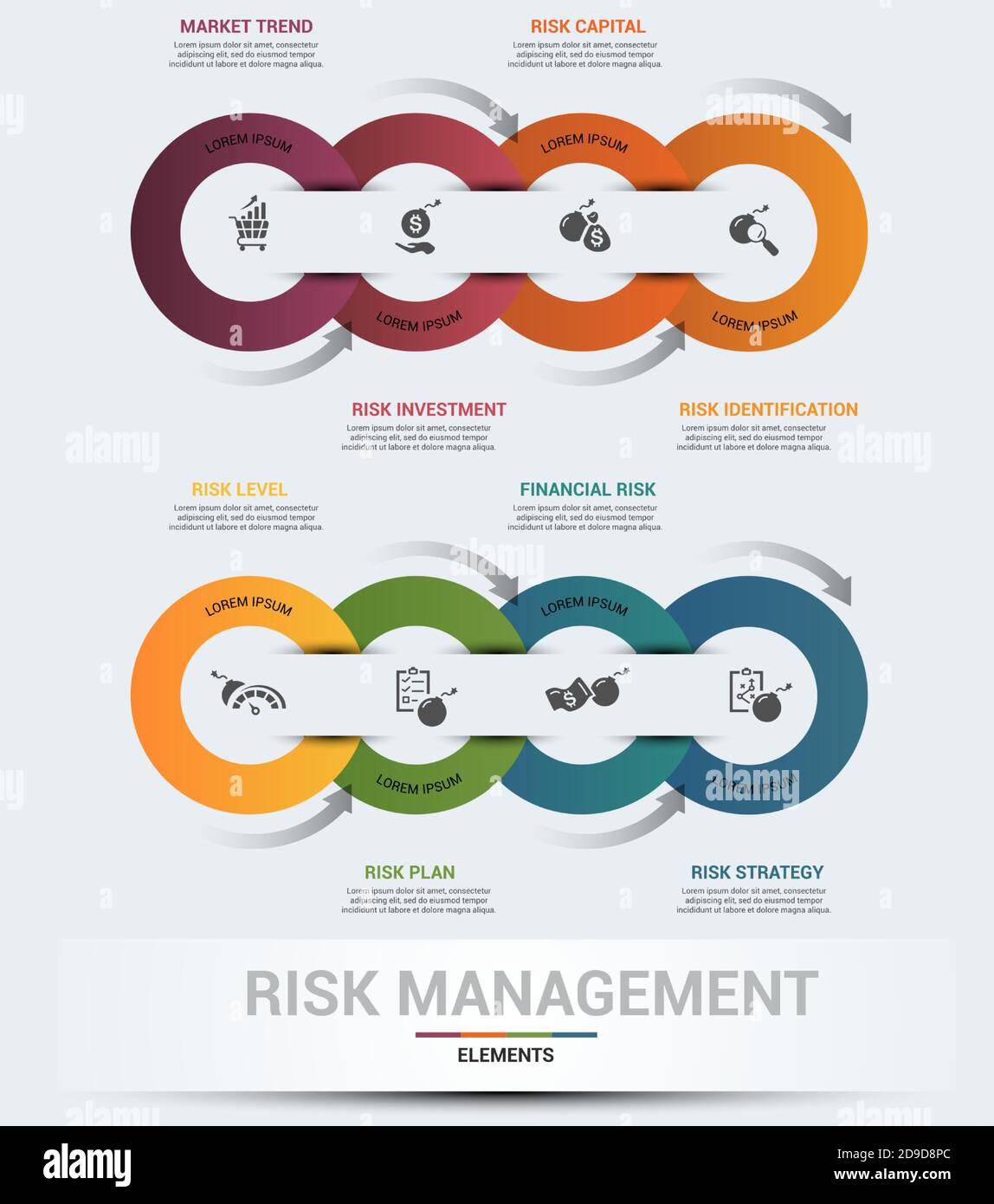 Infographic Risk Management template. Icons in different colors ...
