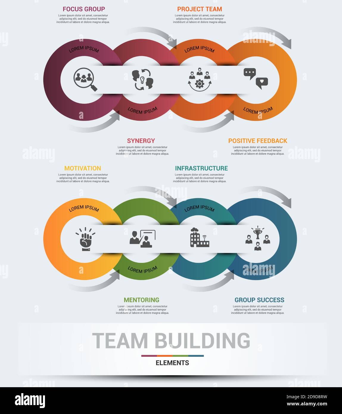 Infographic Team Building template. Icons in different colors. Include ...