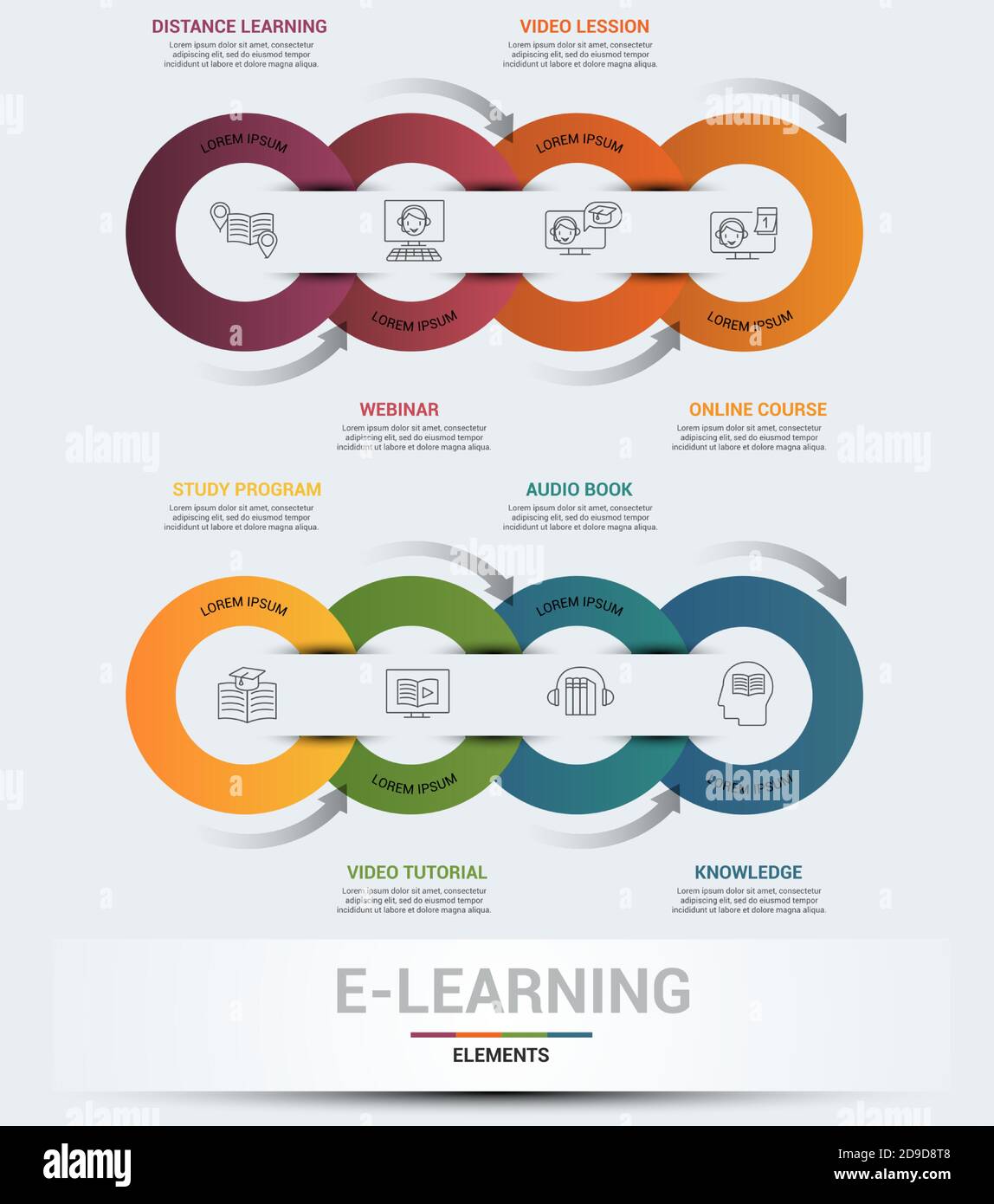 Infographic E-Learning template. Icons in different colors. Include ...