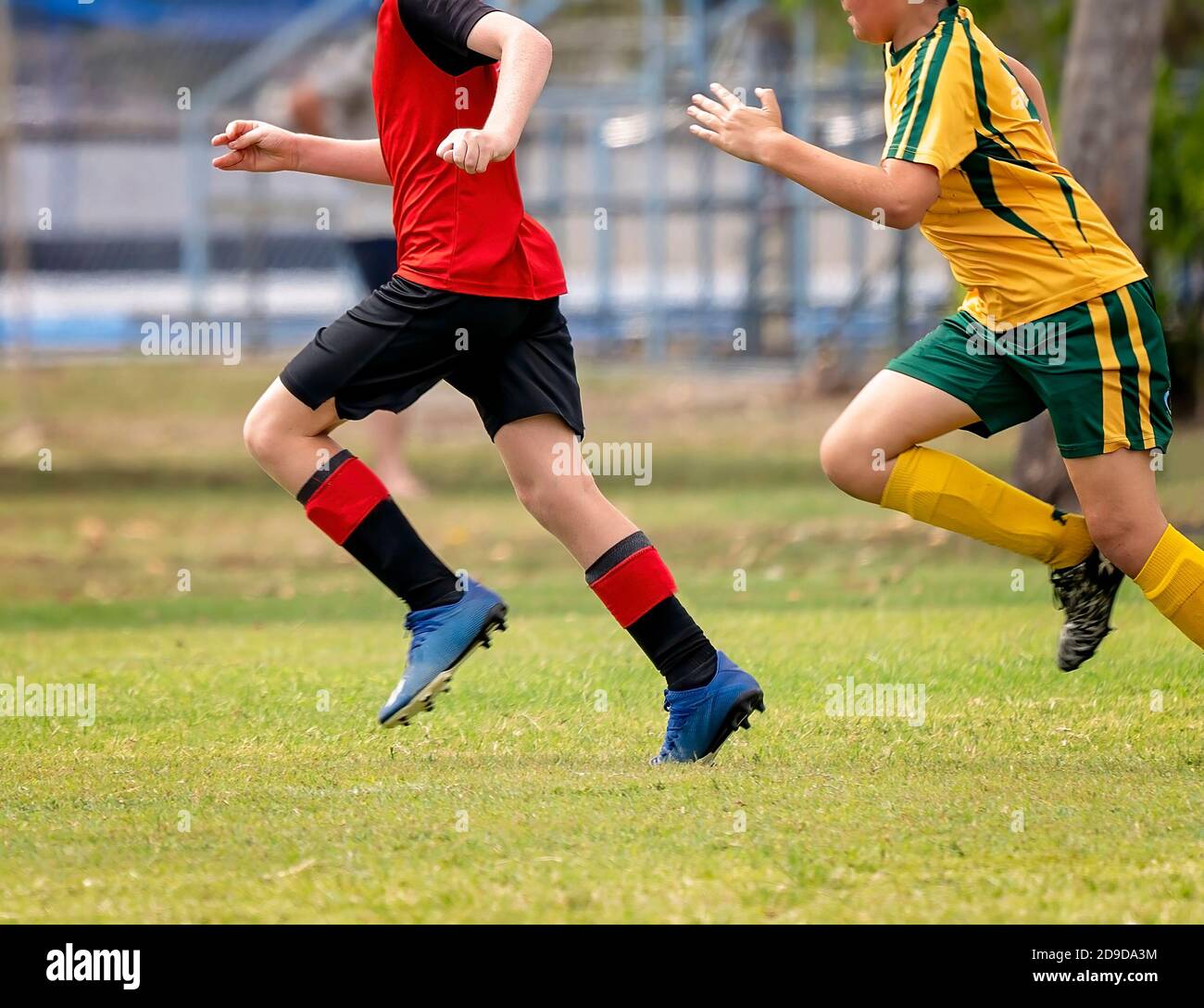 Young soccer players chase the ball on the field during a game Stock ...