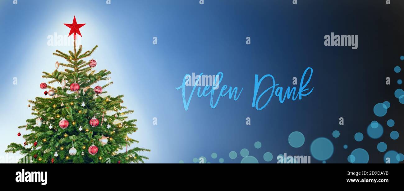 Christmas Tree With Decoration, Blue Background, Vielen Dank Means ...