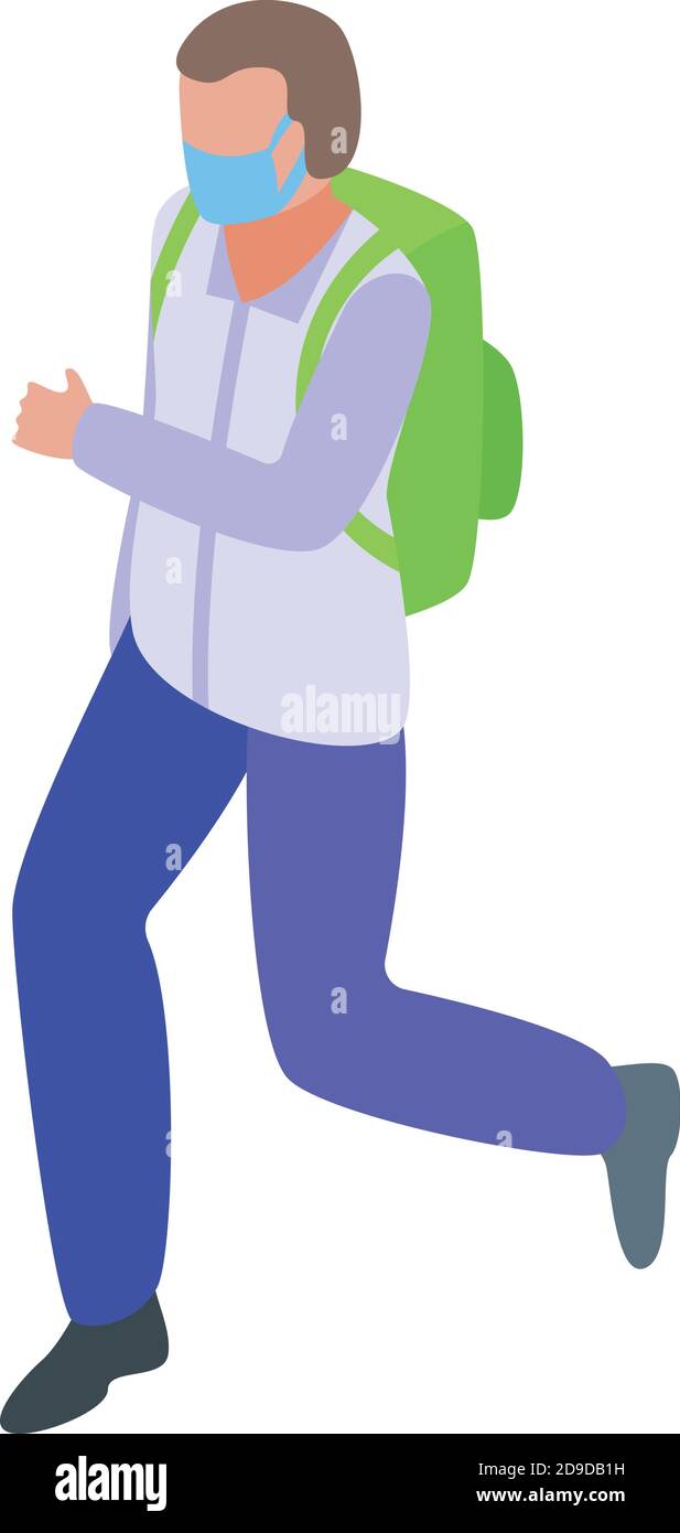 Running schoolboy in mask icon. Isometric of running schoolboy in mask ...