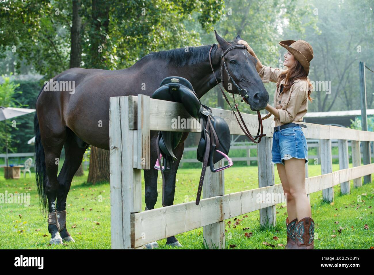 Outdoor touched steed young woman of fashion and personality Stock ...