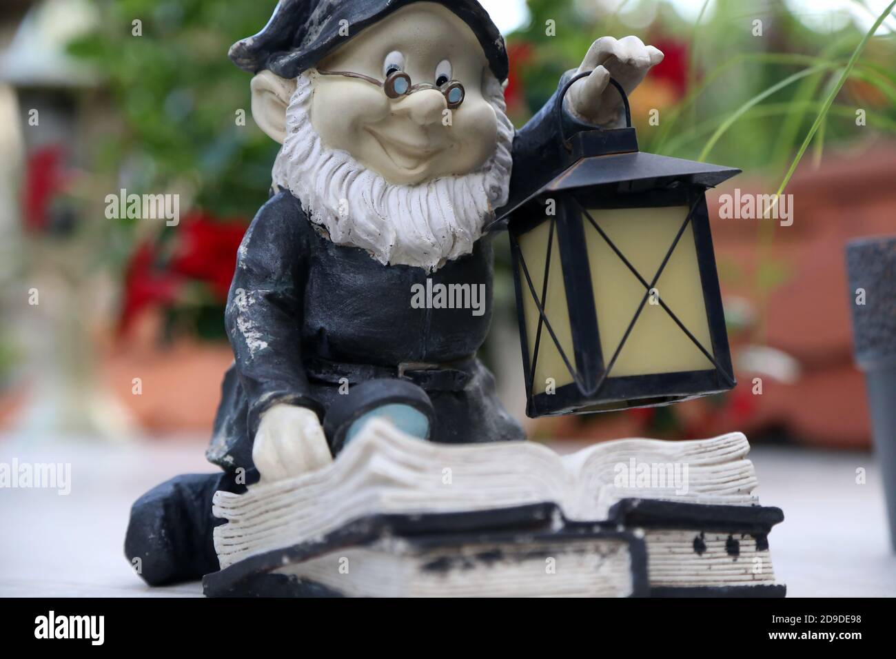 Closeup of a cute garden gnome reading a book at daylight with a blurry ...
