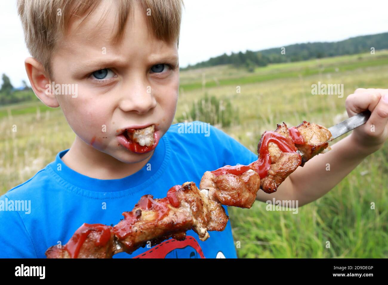 Boy eating pork neck kebab with ketchup on picnic Stock Photo - Alamy