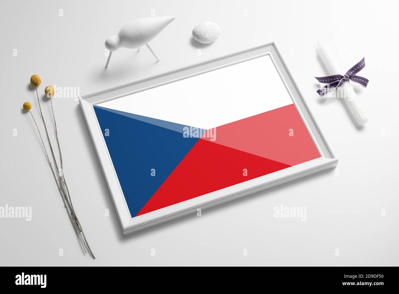 Czech Republic flag in wooden frame on table. White natural soft ...