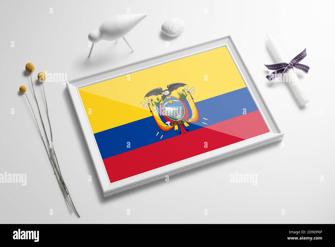 Ecuador flag in wooden frame on table. White natural soft concept ...