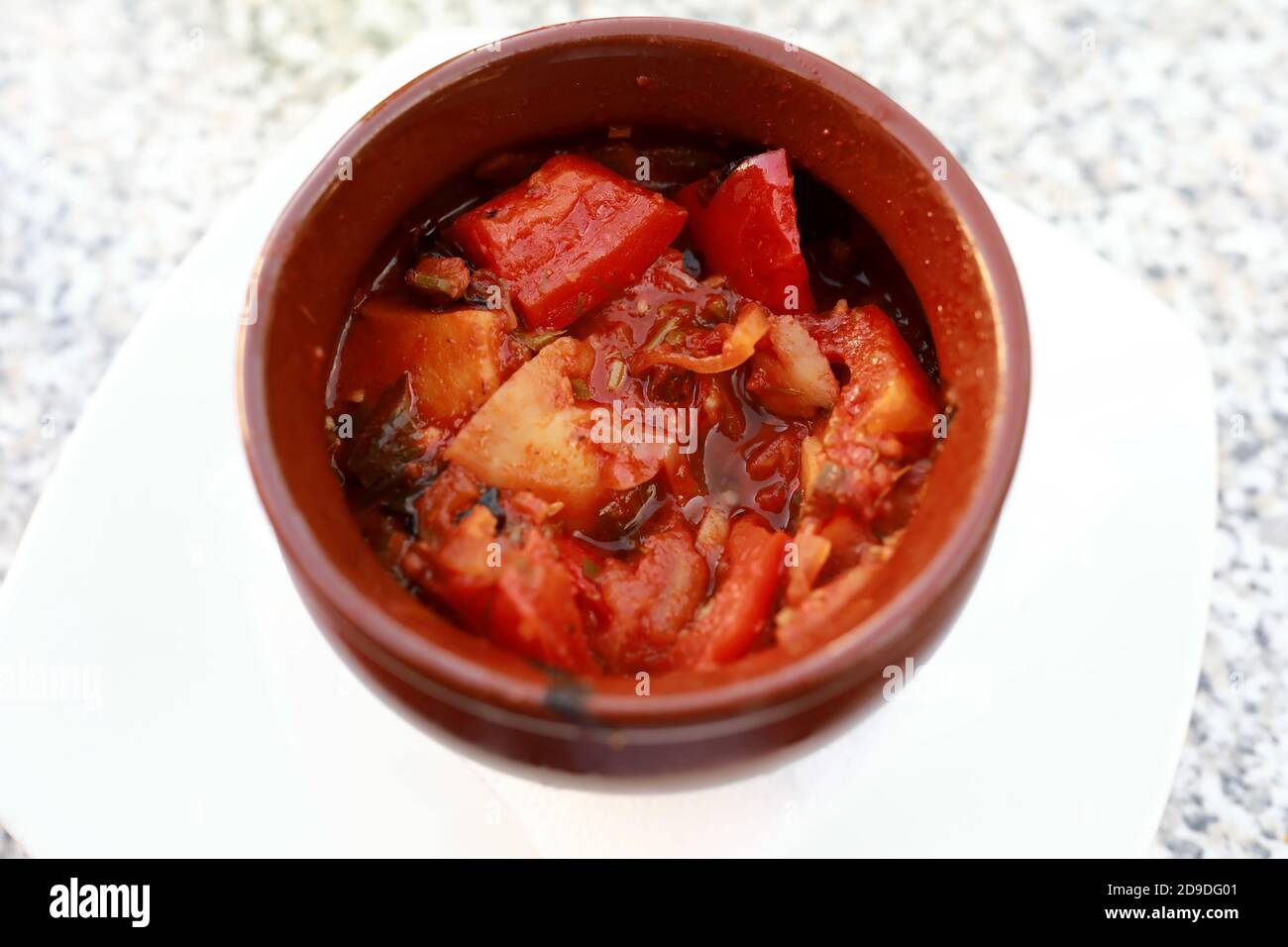 Bowl with Ajapsandali dish, georgian eggplant stew in restaurant Stock ...