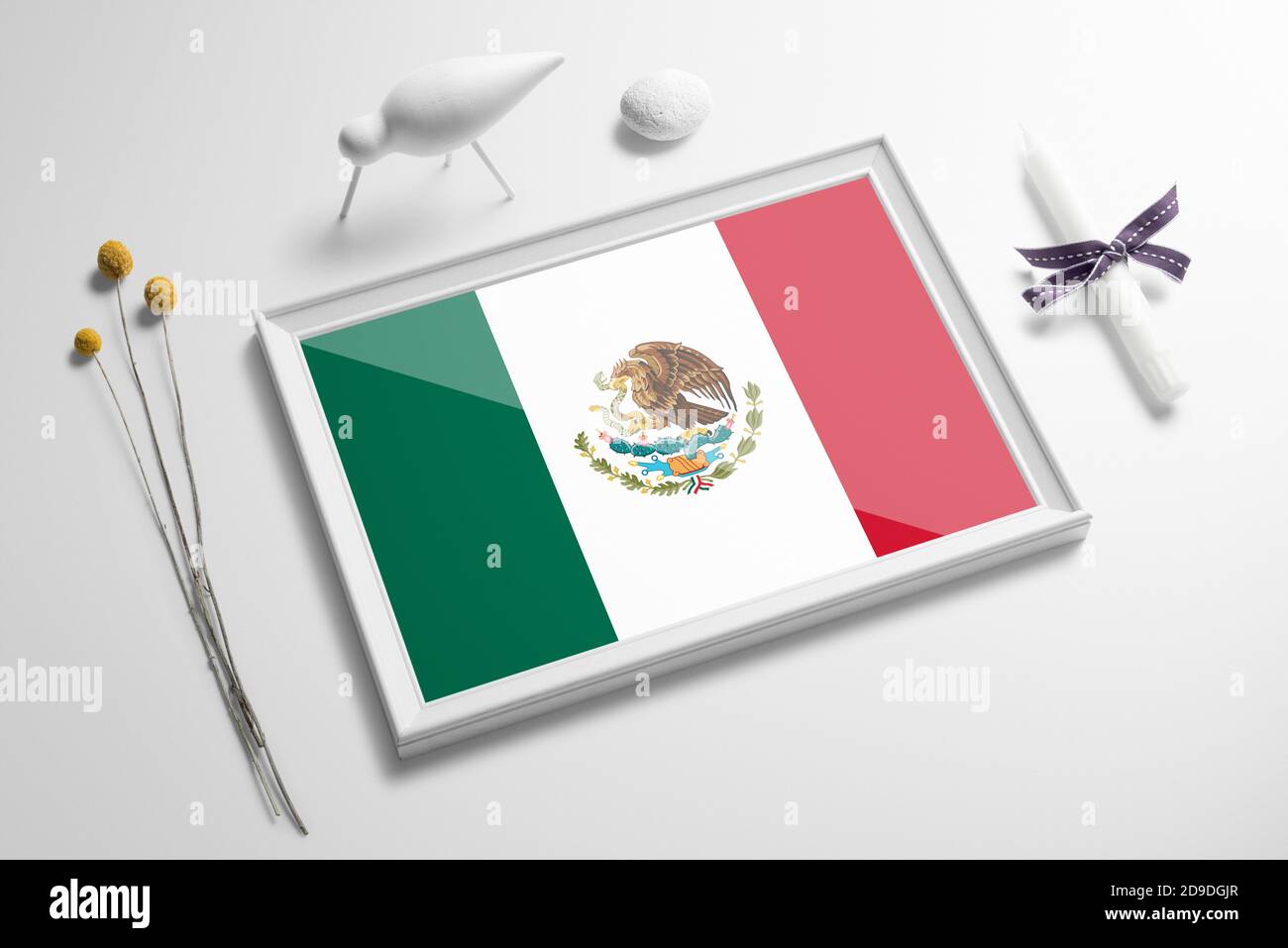 Mexico flag in wooden frame on table. White natural soft concept ...