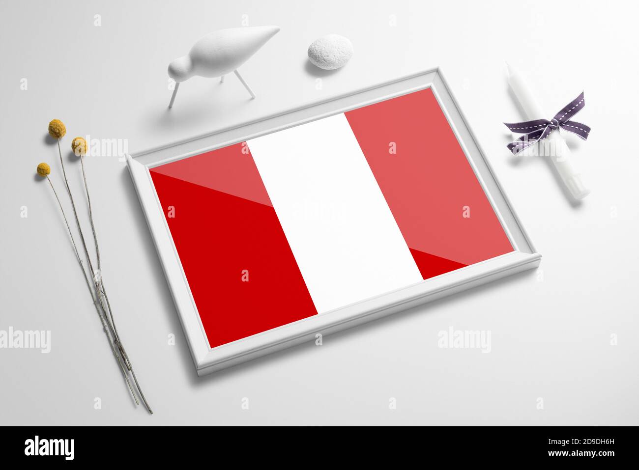 Peru flag in wooden frame on table. White natural soft concept ...