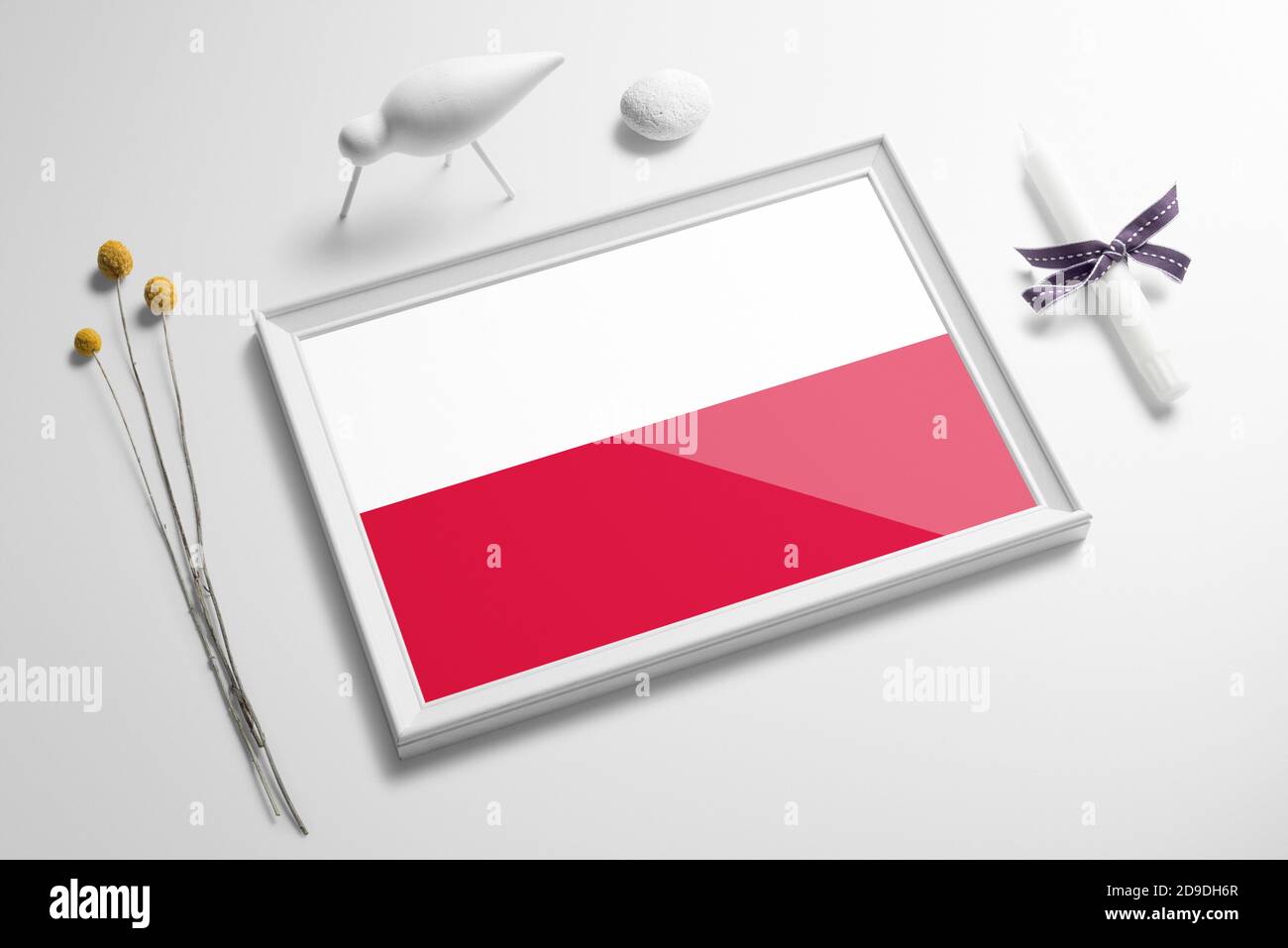 Poland flag in wooden frame on table. White natural soft concept ...