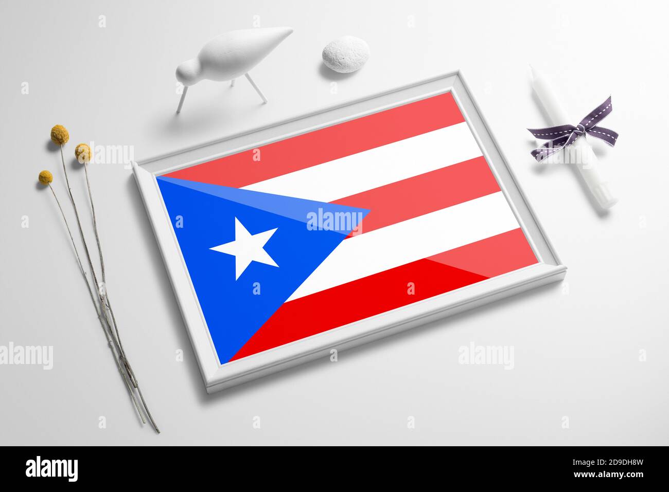 Puerto Rico flag in wooden frame on table. White natural soft concept ...