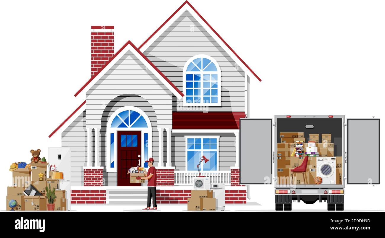 Moving to new house. Family relocated to new home. Male mover, paper ...