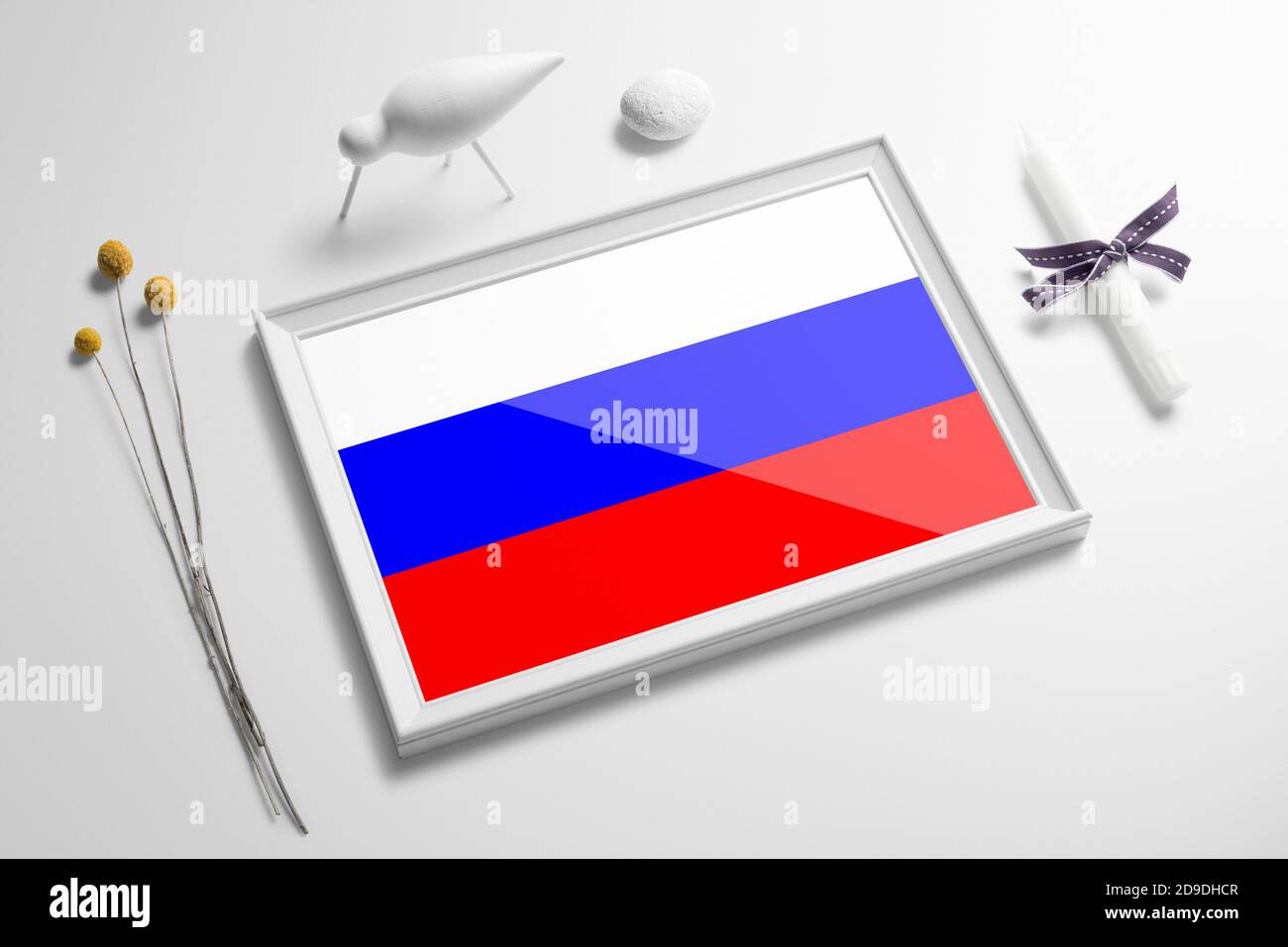Russia flag in wooden frame on table. White natural soft concept ...
